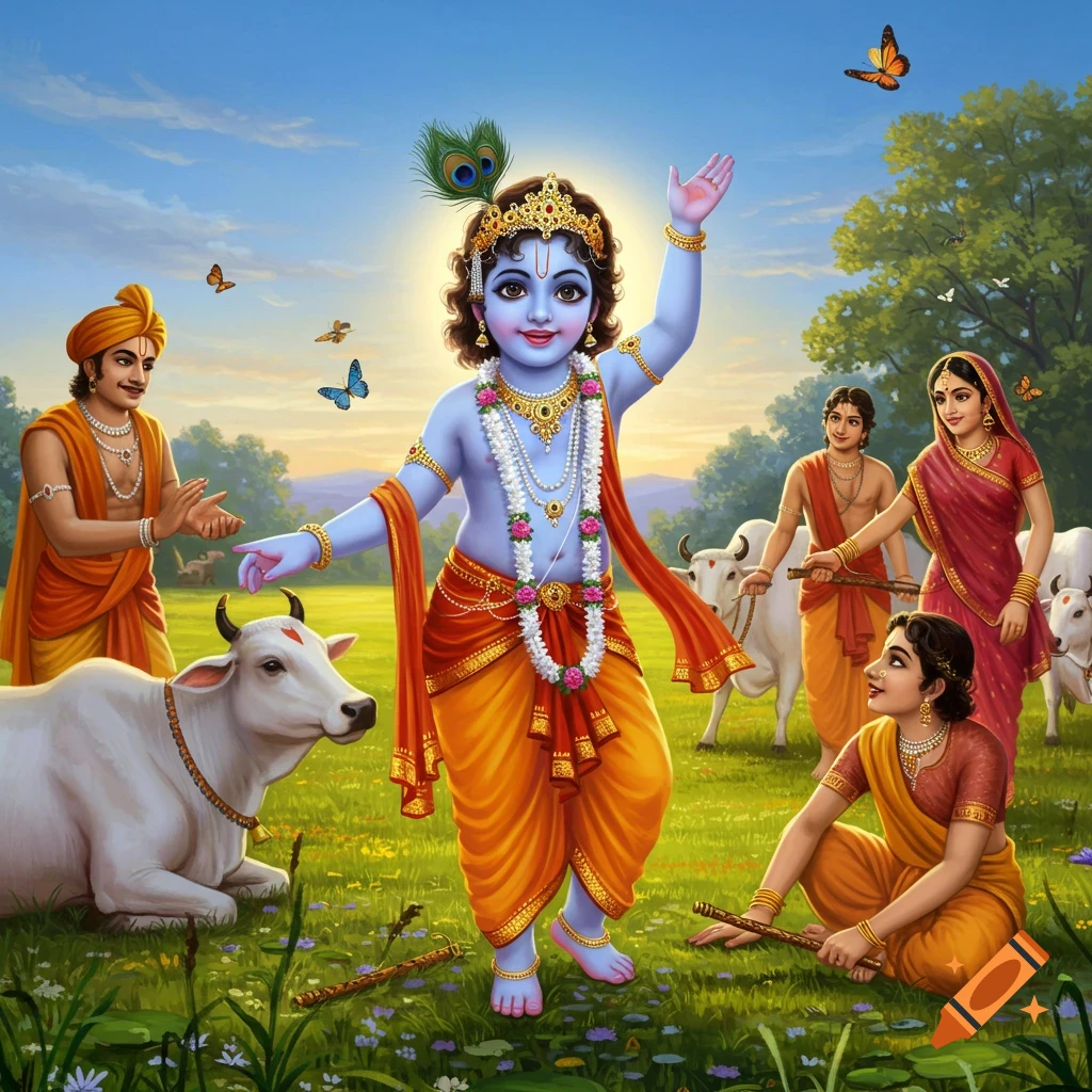 Vibrant illustration of blue-skinned Young Krishna with a peacock ...