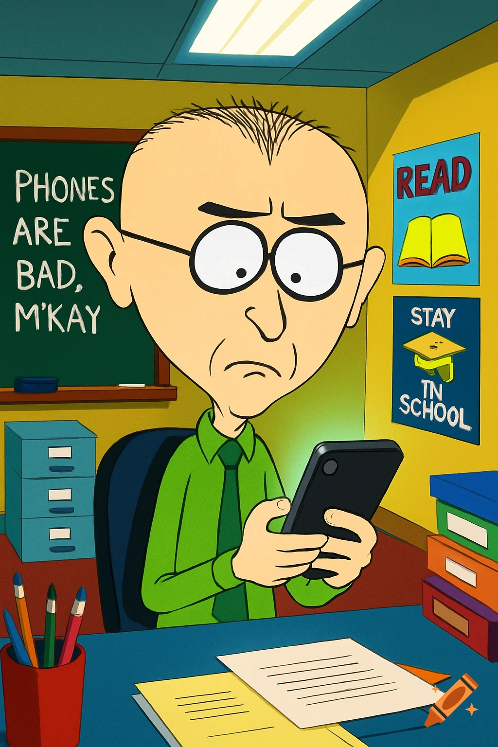 A cartoon man resembling Mr. Mackey from South Park, wearing glasses ...