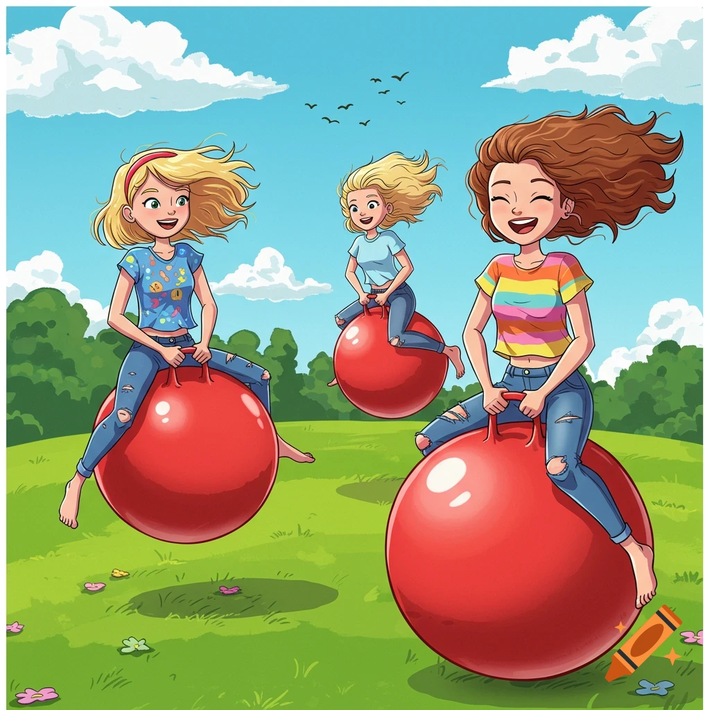 Three cartoon teenage girls with flowing hair happily bounce on large ...
