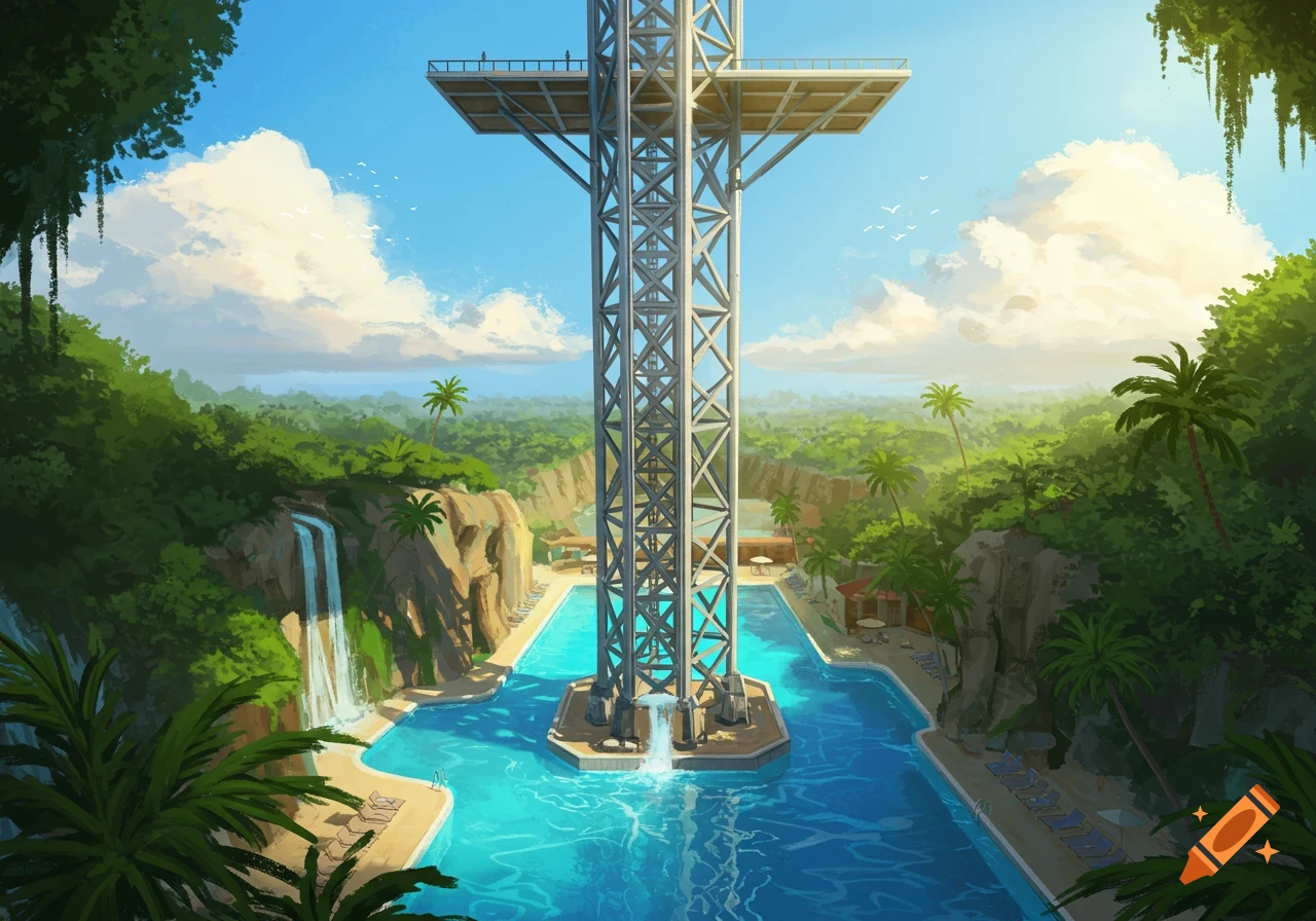 A Tall Waterfall Cascades Into a Bright Turquoise Pool in a Lush Green ...