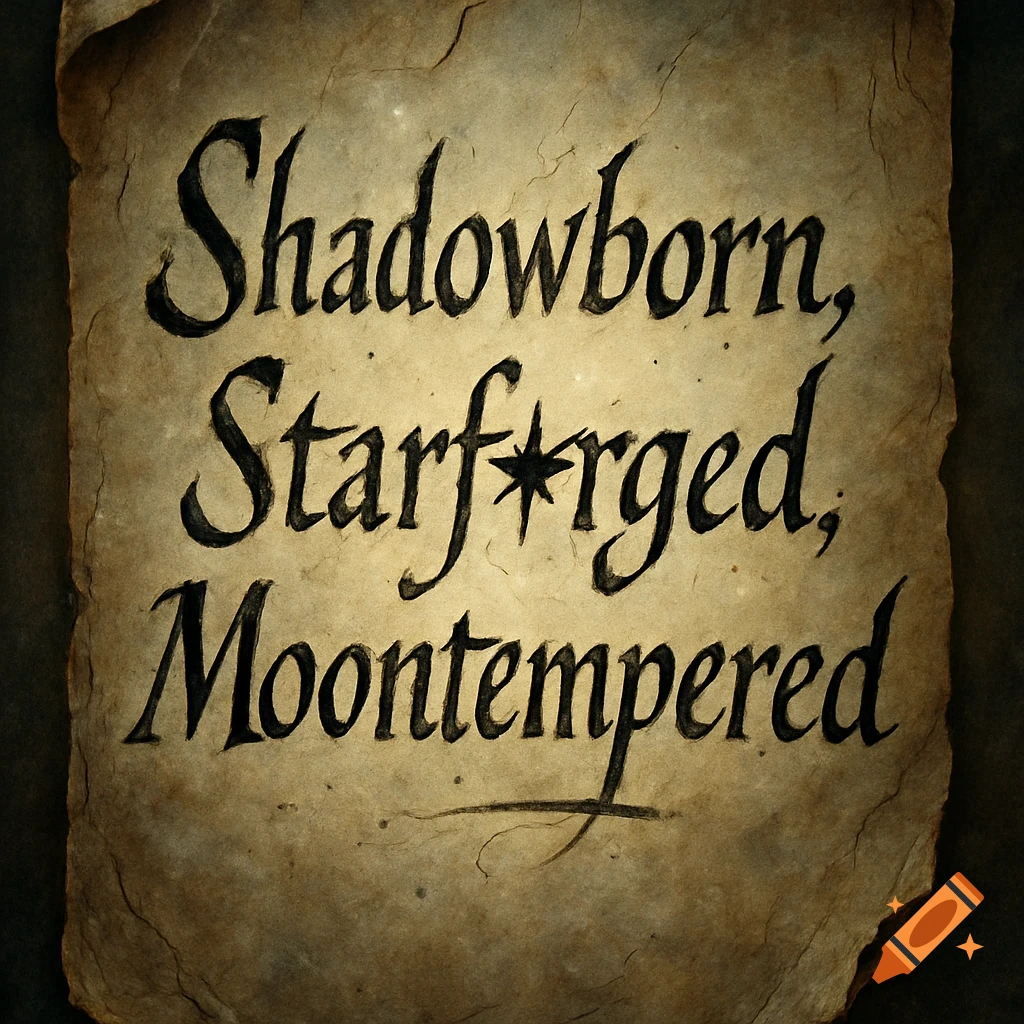 Aged parchment with black calligraphic script reading 'Shadowborn ...