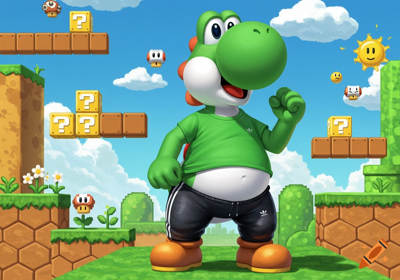 A green Yoshi with an orange shell and shoes jumps happily in a vibrant ...