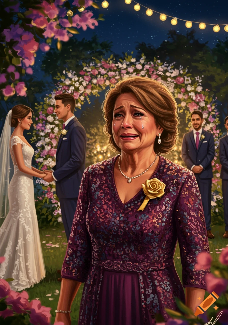 An illustration of a crying mother watching her son get married at an ...