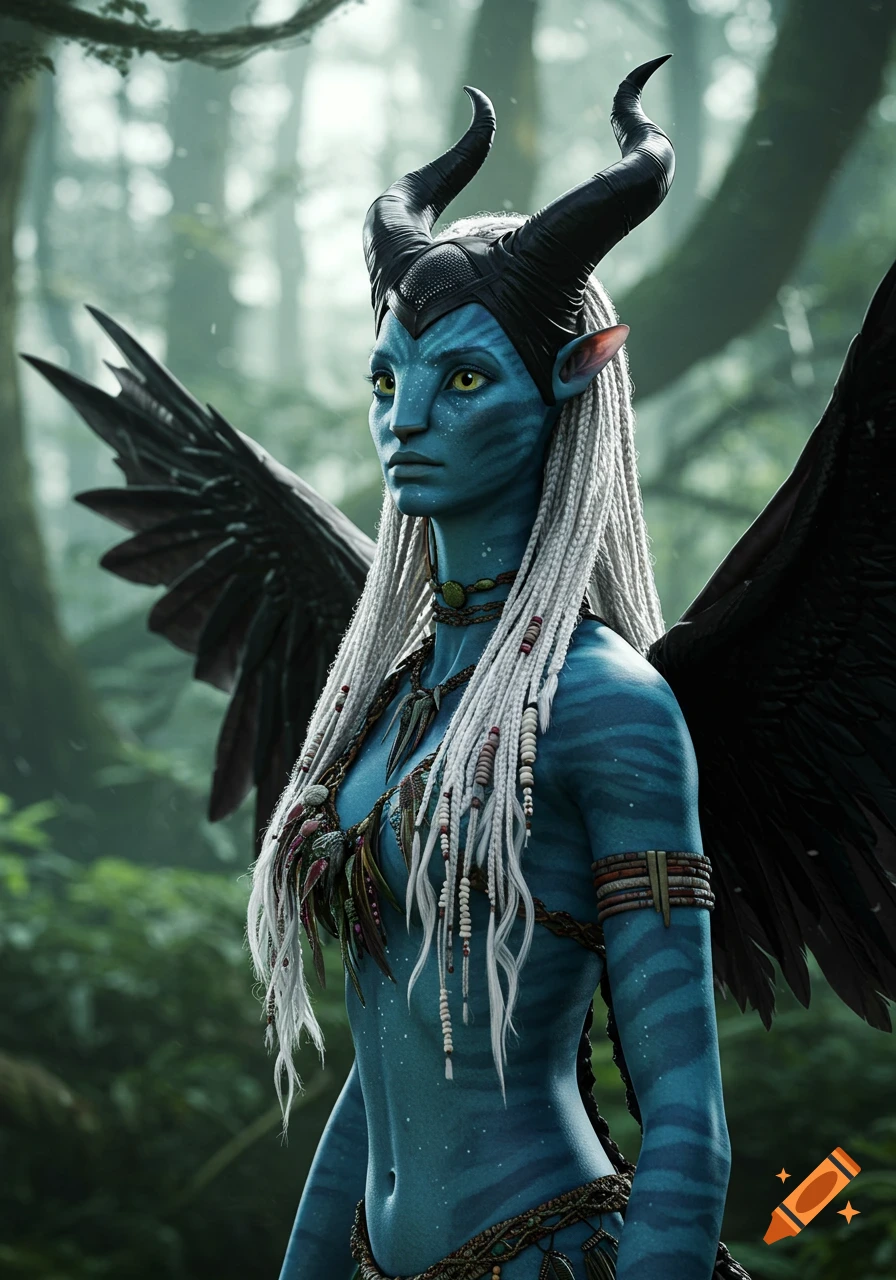 Blue-skinned fantasy character with large black horns and wings, white ...