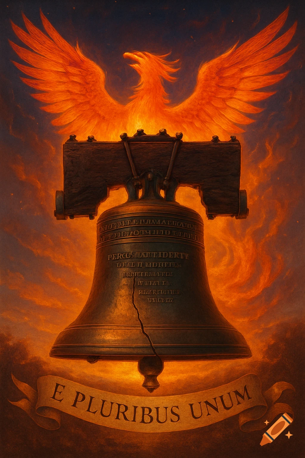 A bronze Liberty Bell, cracked and surrounded by fiery orange clouds ...
