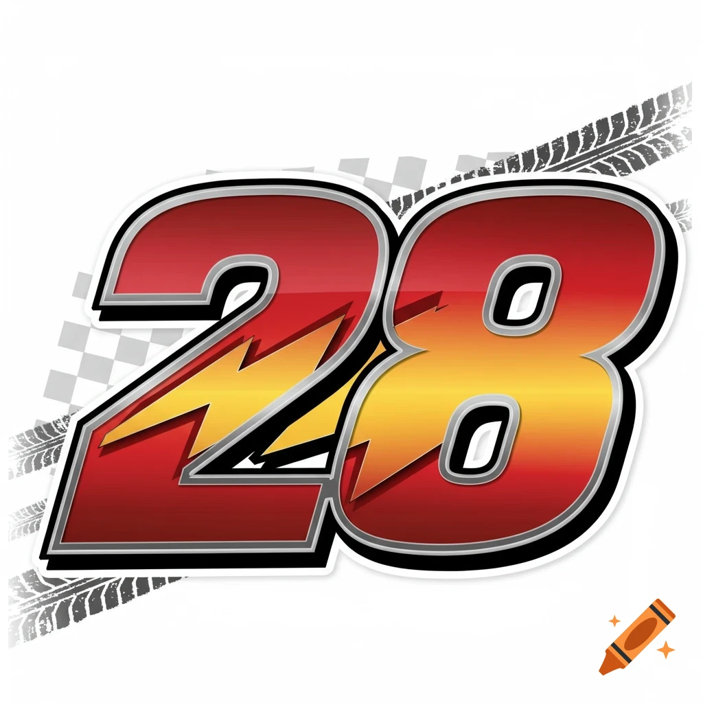Stylized red and yellow metallic number 28 racing sticker with a silver ...
