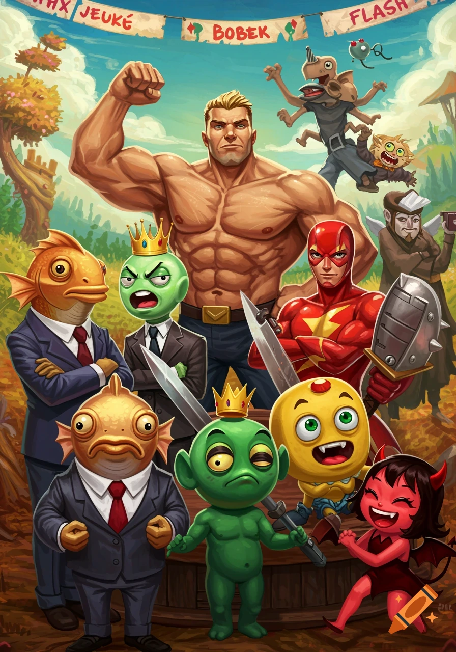 A colorful group of diverse cartoon characters, including a muscular ...