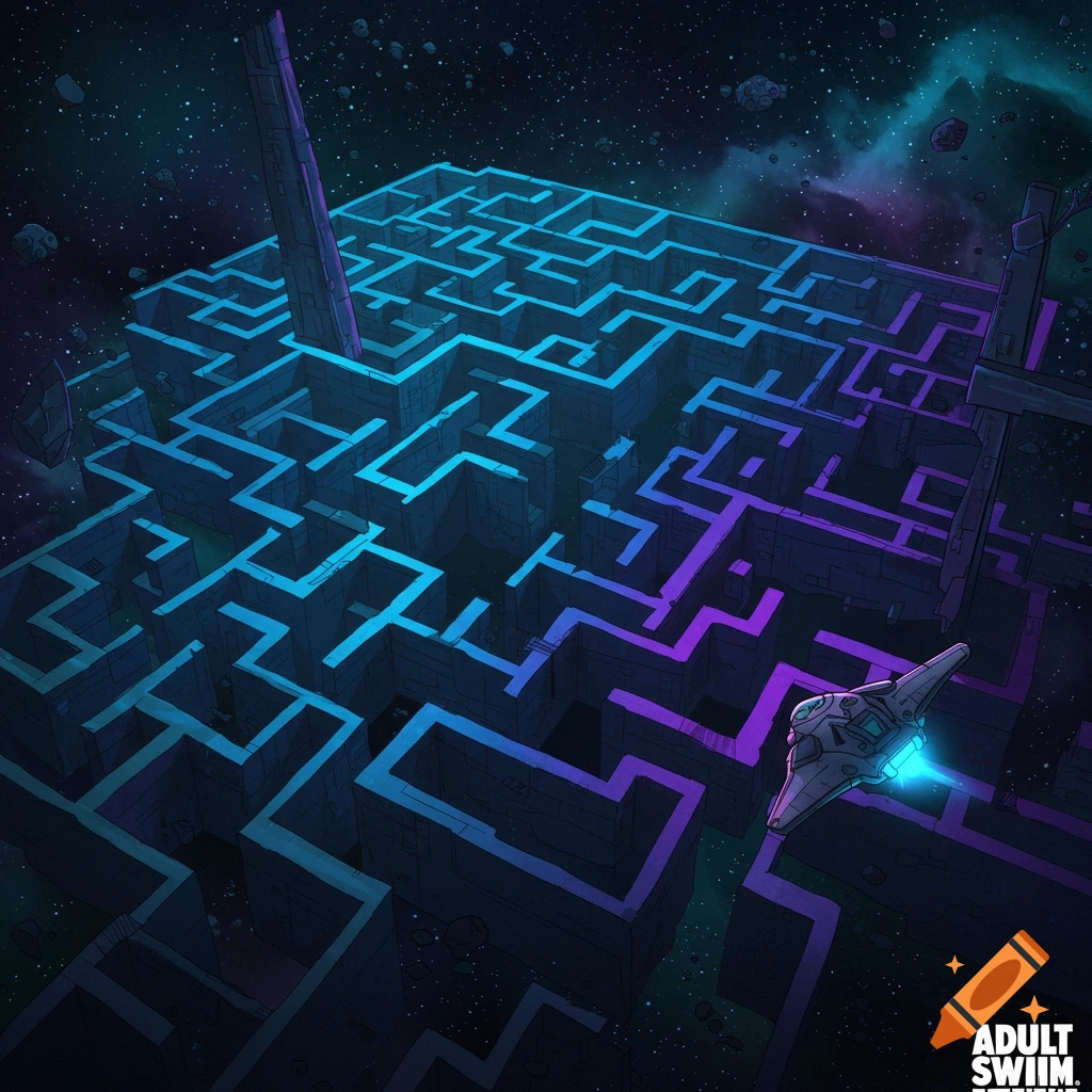 An animated, futuristic labyrinth with neon blue and purple lights ...