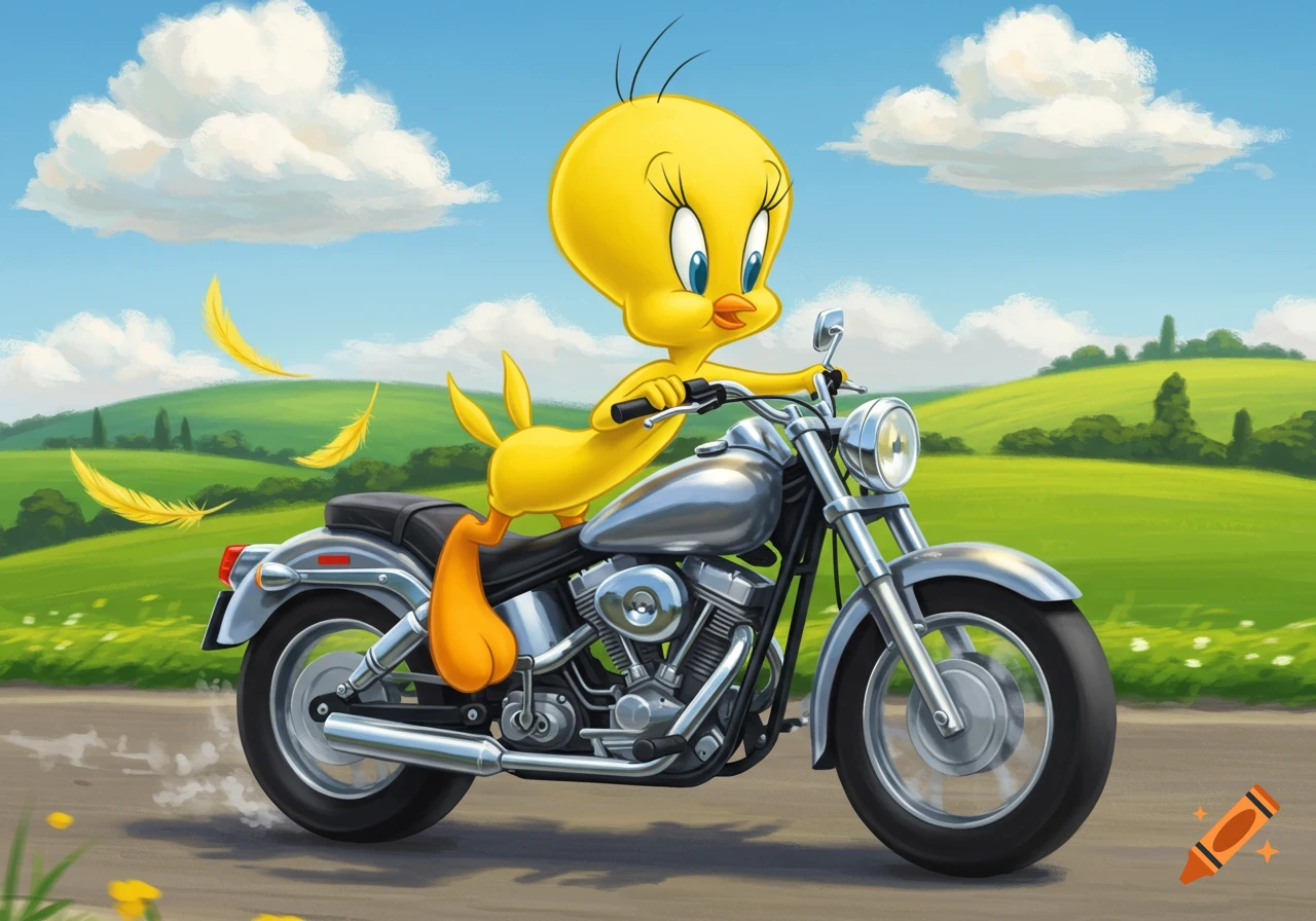 Tweety Bird, a yellow cartoon canary, rides a silver motorcycle on a ...