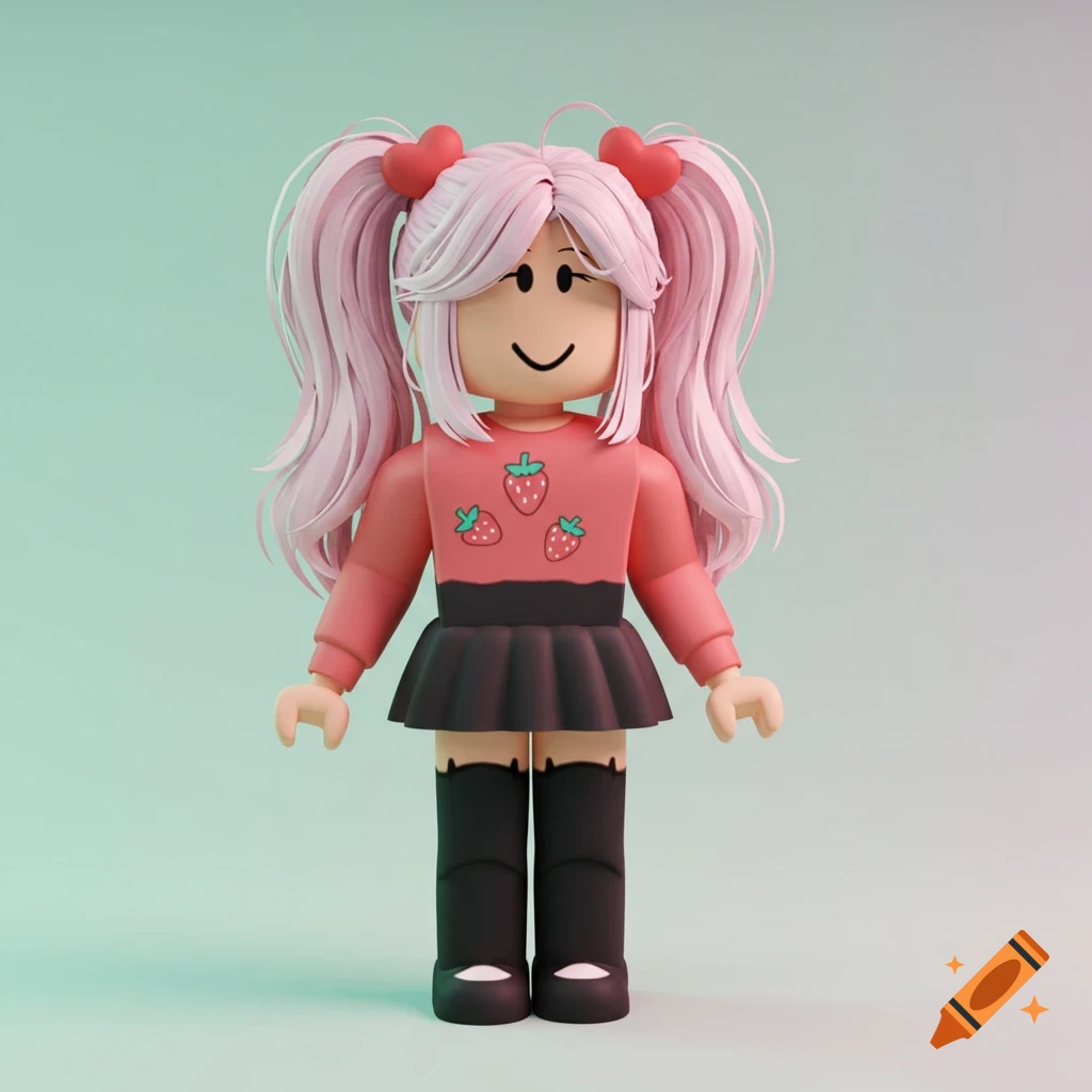 A cute Roblox-style girl avatar with pink pigtails and heart bows ...