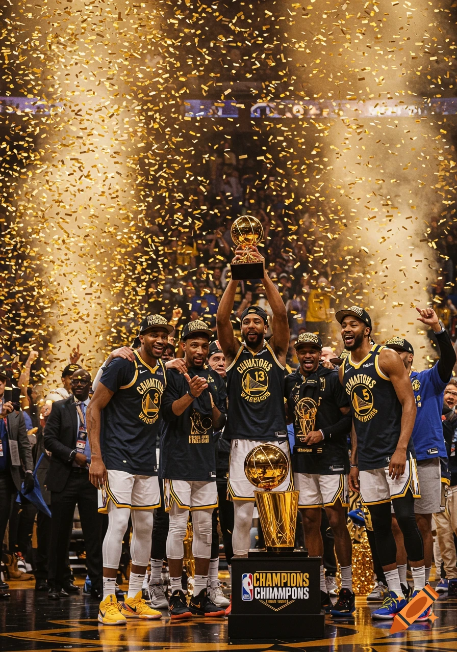 Basketball players in gold and blue jerseys celebrate a championship ...