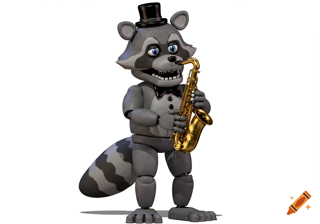 A gray animatronic raccoon wearing a top hat and bow tie, holding a ...