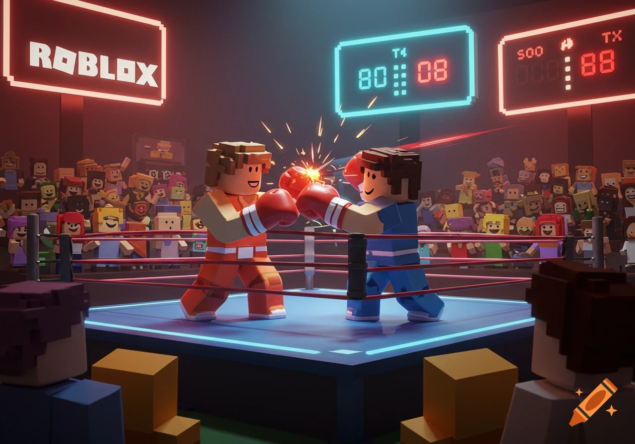 Roblox-style characters boxing in a brightly lit ring surrounded by a ...