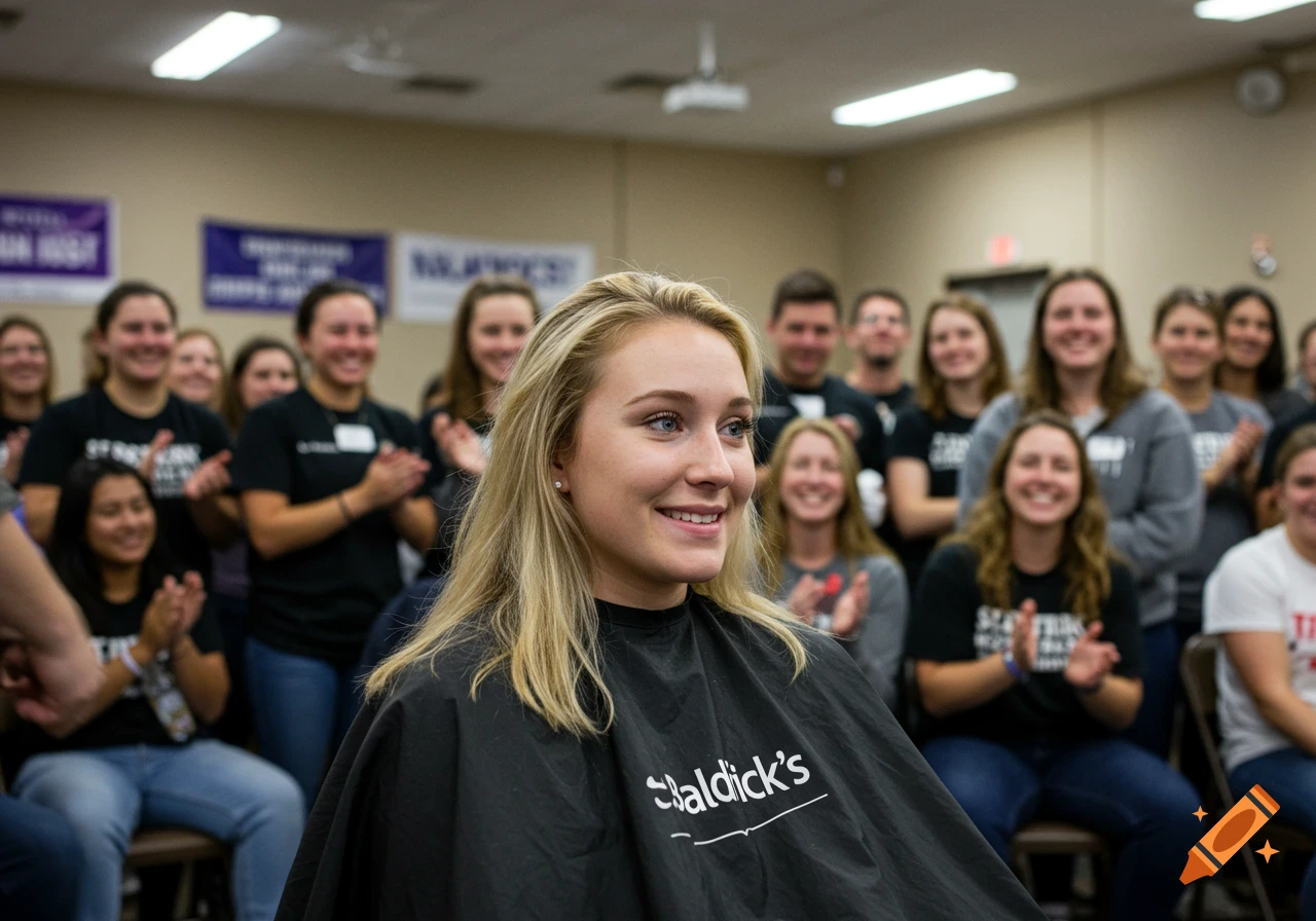 A blonde woman in a black cape smiles, ready to shave her head at a St ...