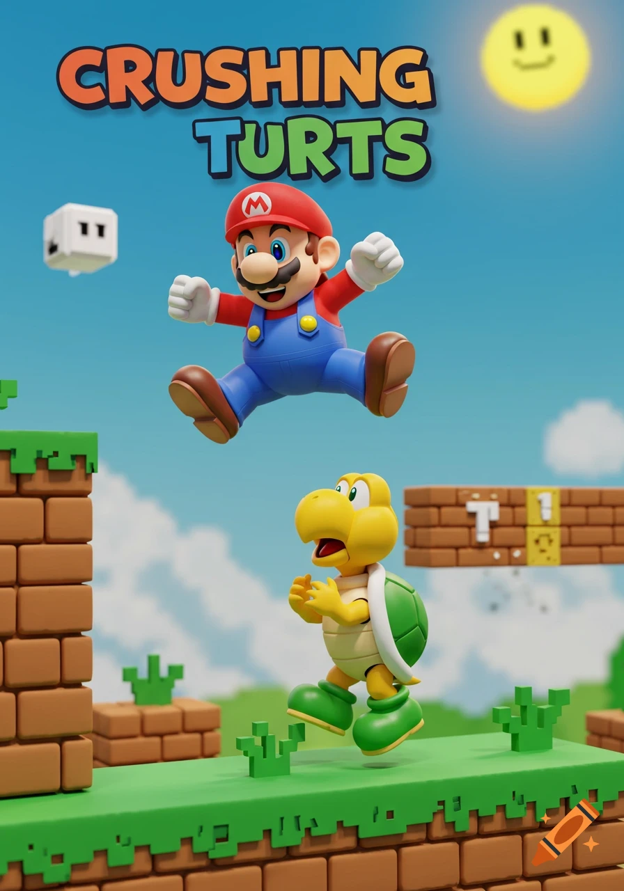 Mario jumping over a green Koopa Troopa in a bright cartoon video game ...