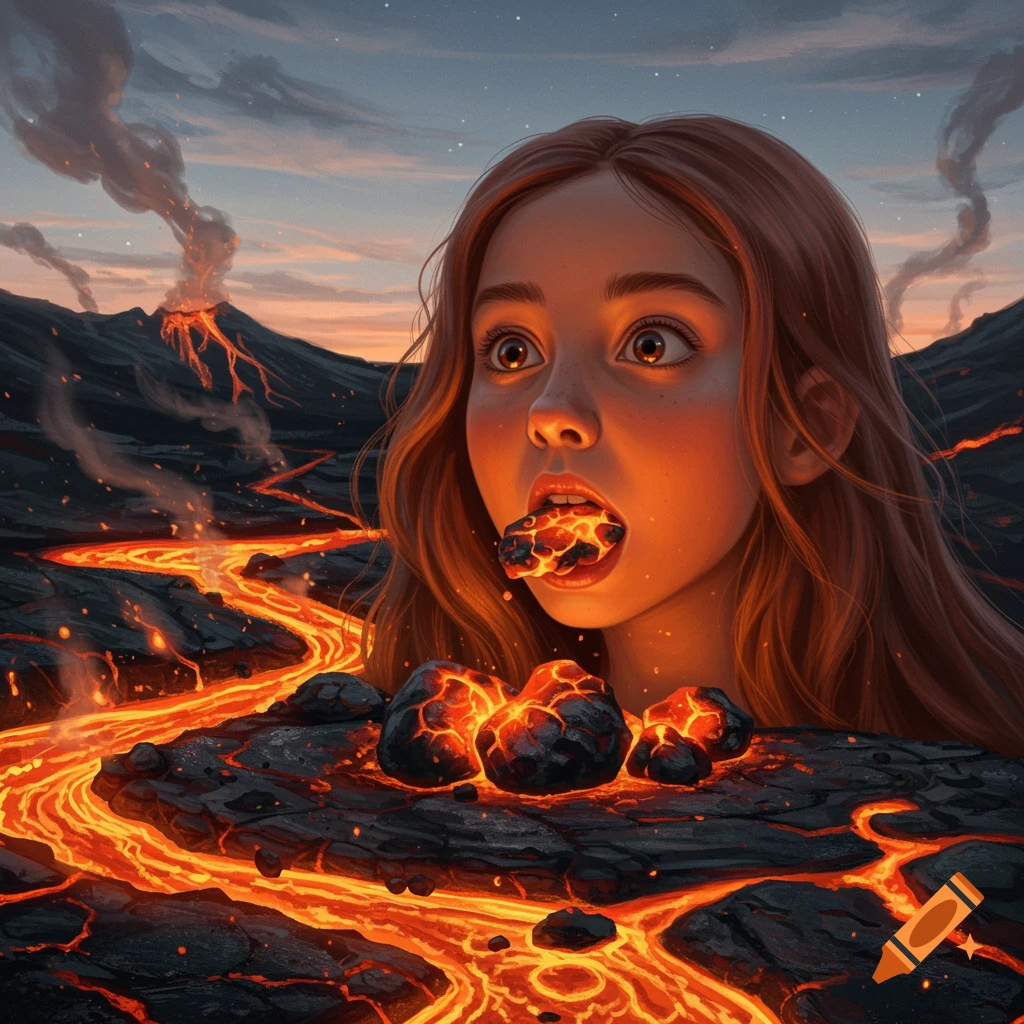 An illustrative image of a wide-eyed girl with lava rocks in her mouth ...