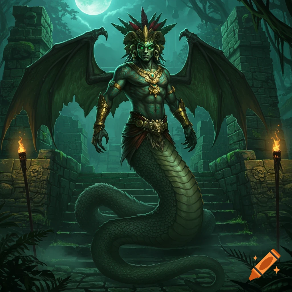 A detailed fantasy illustration of a winged green snake-man in ancient ...