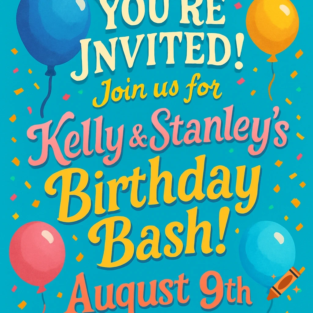 A colorful birthday invitation with balloons and confetti for Kelly and ...