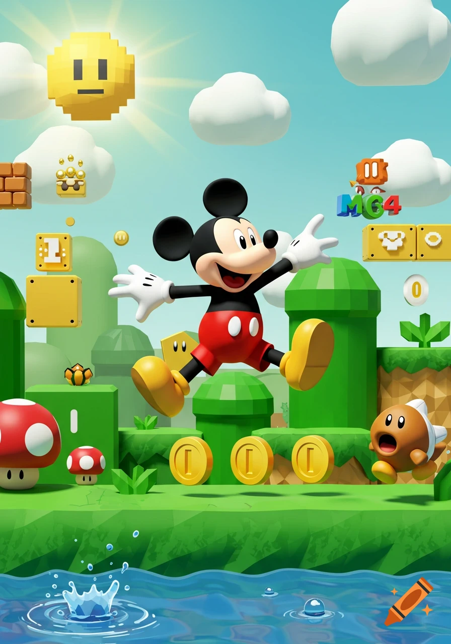 Mickey Mouse happily floating in a bright blue swimming pool on a red ...