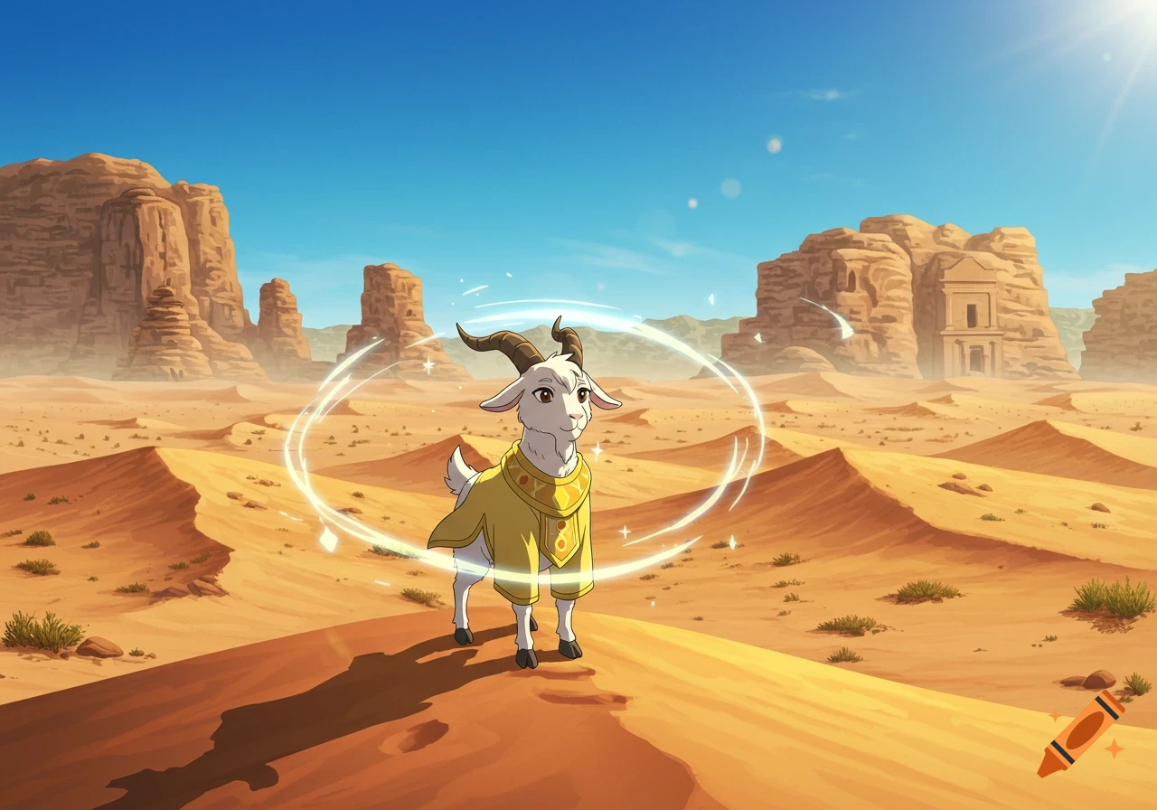Anime style goat in a yellow tunic standing in a sunny desert with rock ...