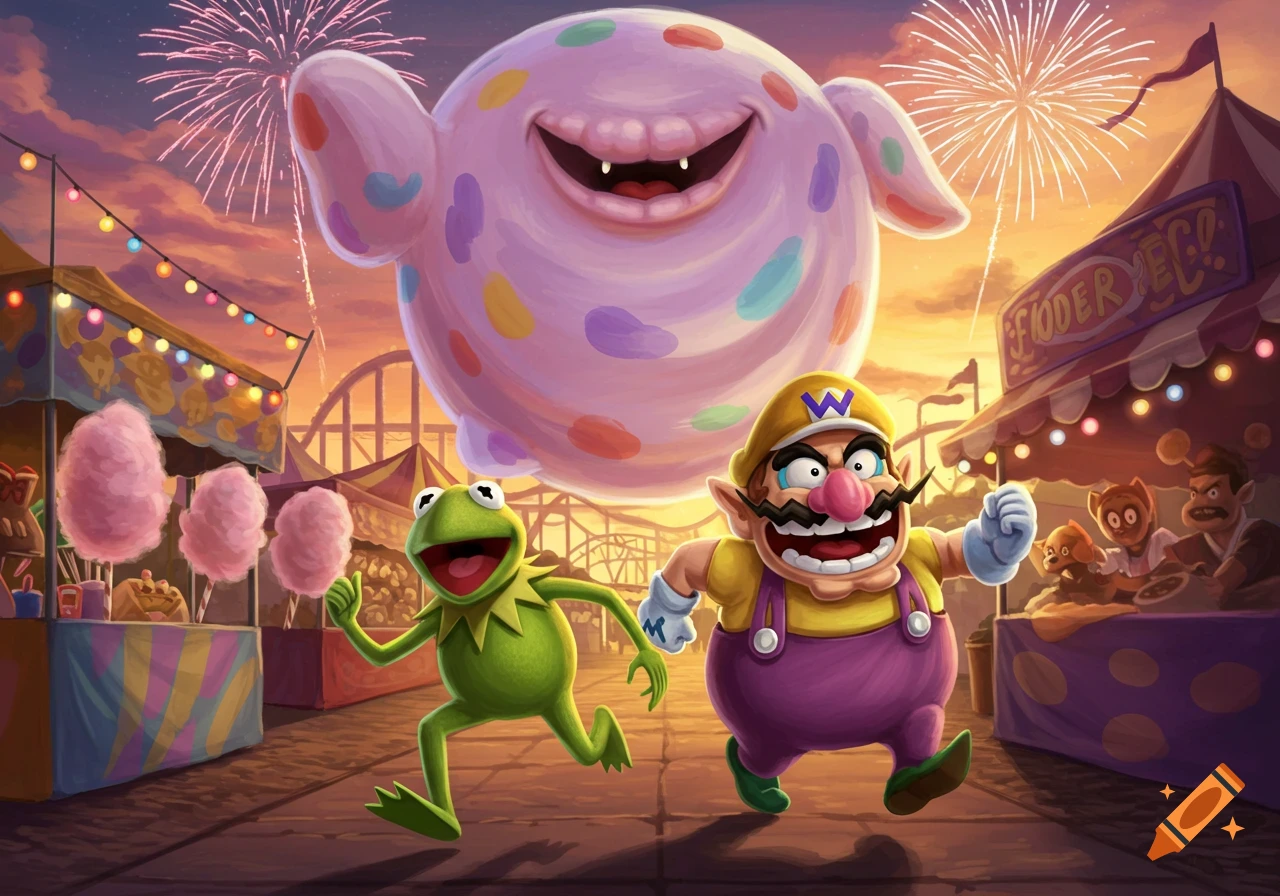 Kermit the Frog and Wario run through a carnival at sunset, chased by a ...