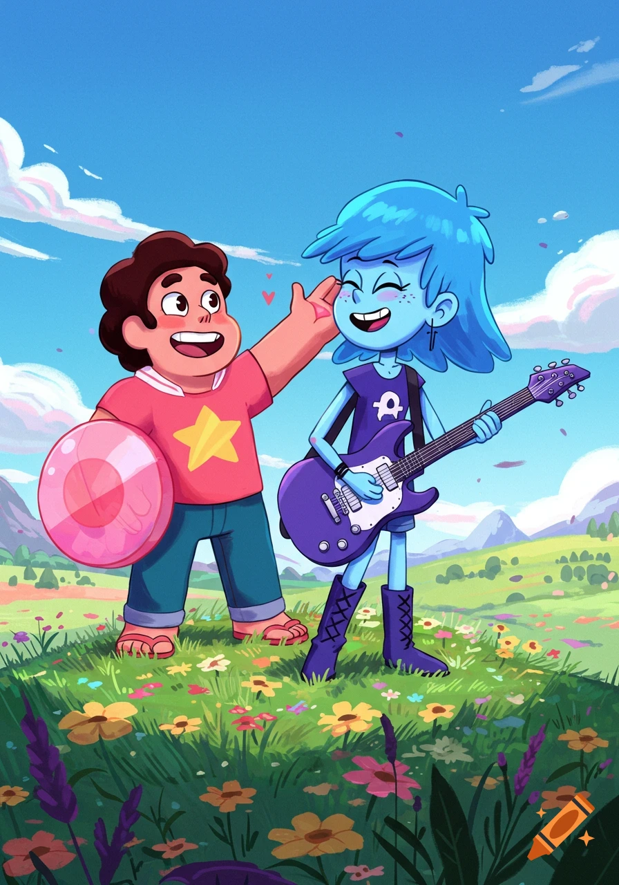 Steven Universe and a pink-haired girl embrace happily in a warm, sunny ...