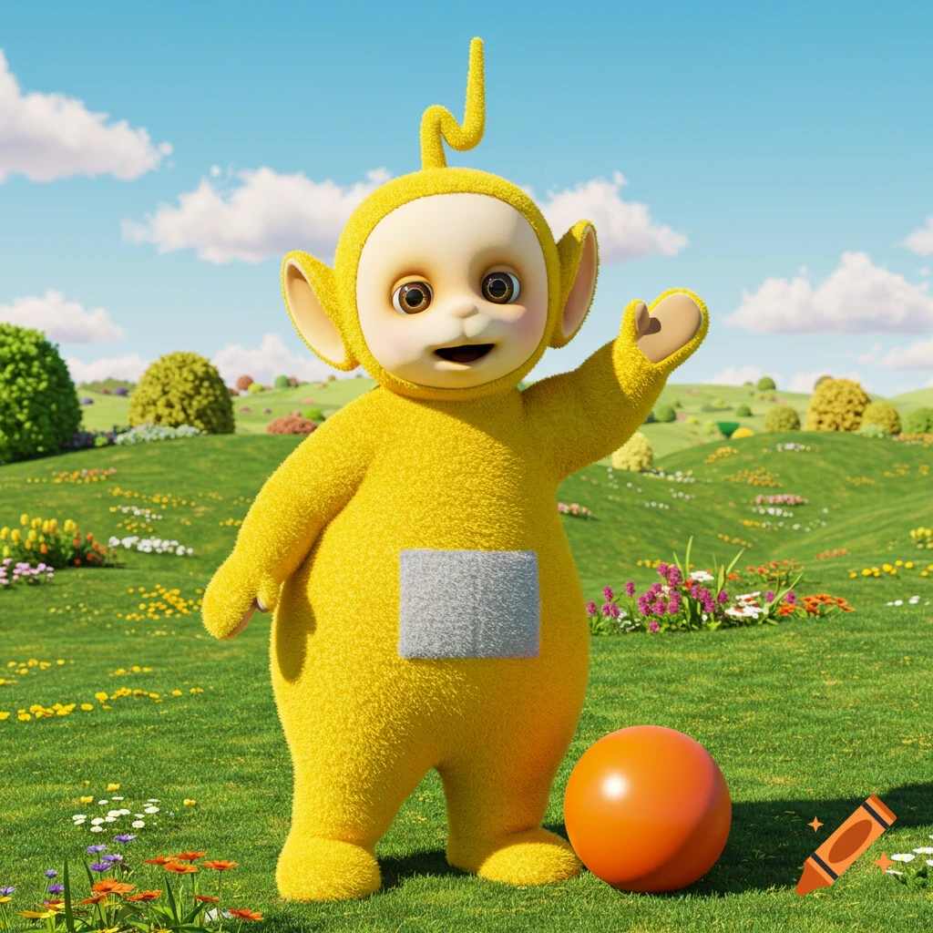 A photorealistic image of the yellow Teletubby, Laa-Laa, waving in a sunny, grassy field with an ...
