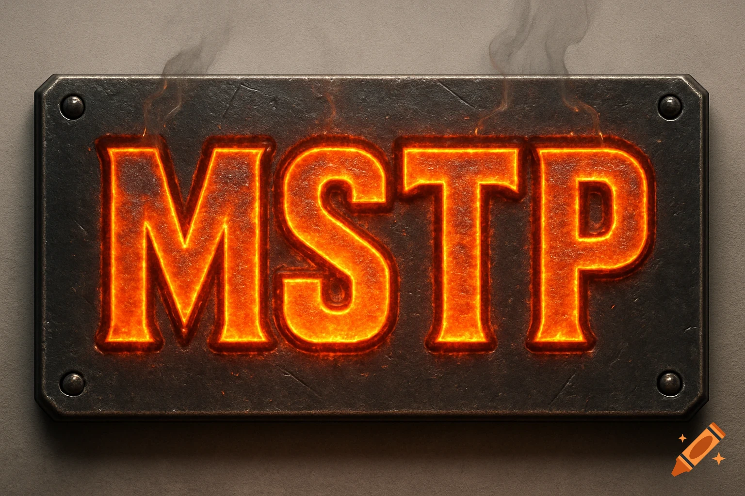 A distressed dark metal plate features the glowing orange letters "MSTP" emitting heat and smoke ...