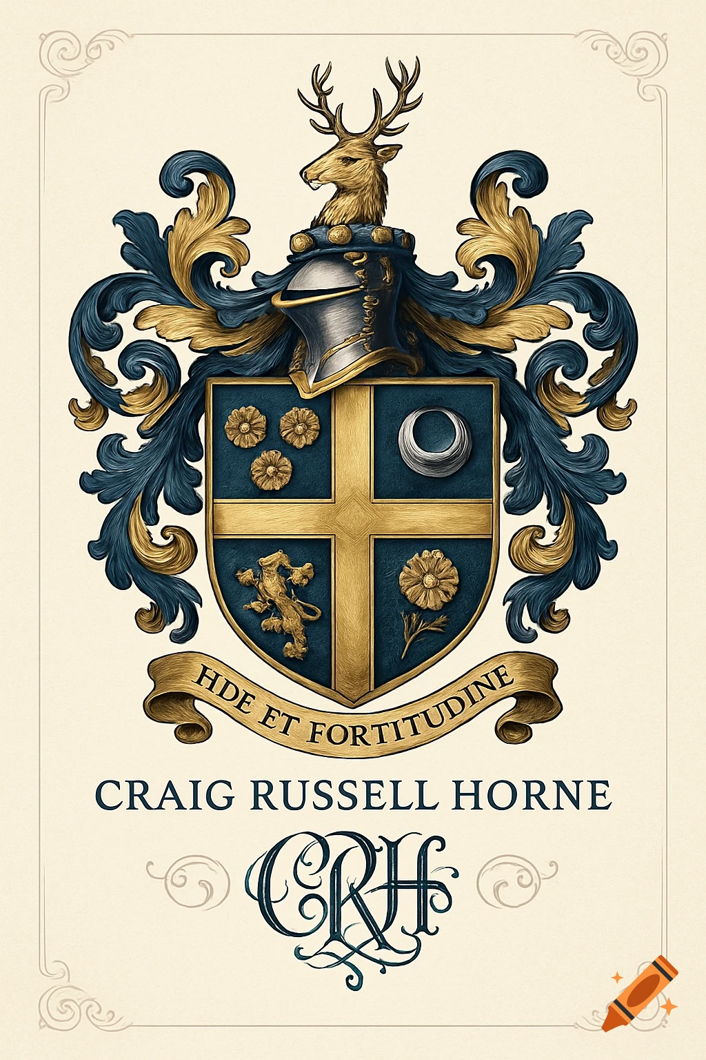 A detailed family coat of arms with a silver lion crest, a quartered ...