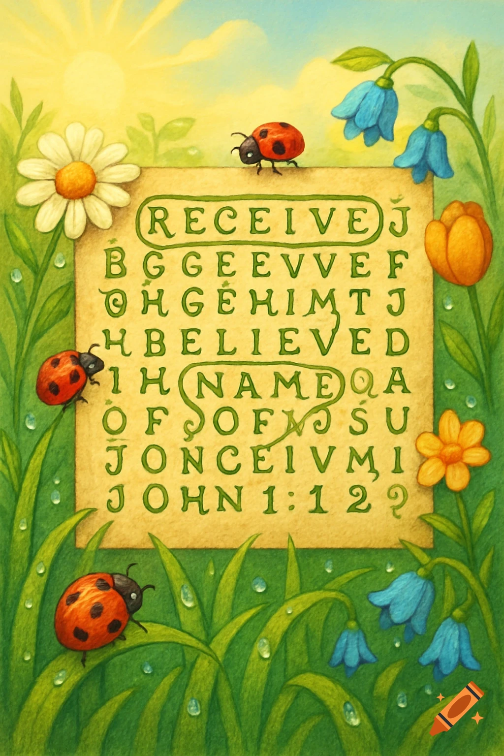 A whimsical illustration of a word search puzzle on a scroll with green ...