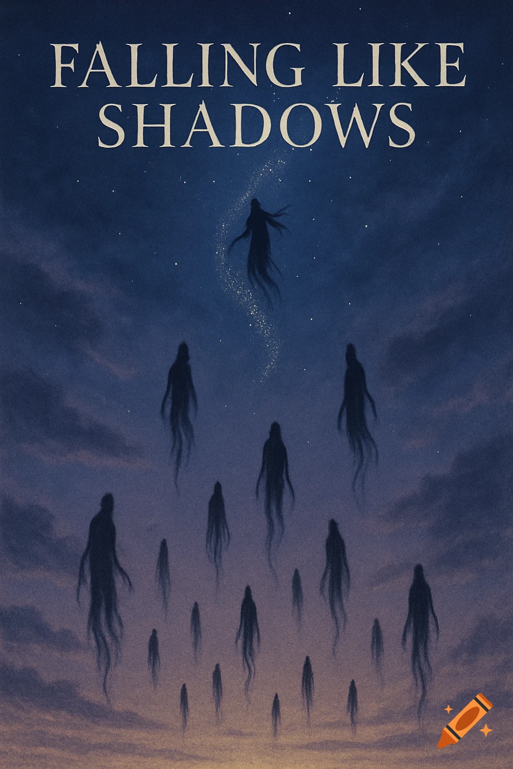 Dark, shadowy figures float upwards against a twilight sky with ...