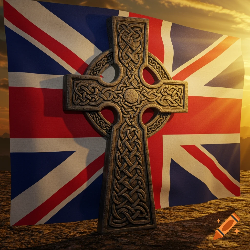 A stone Celtic cross stands tall in front of a waving Union Flag under ...