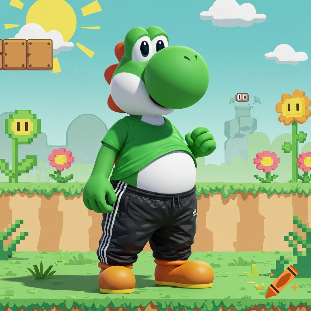 Yoshi from Nintendo wearing a green t-shirt and black track pants in a ...