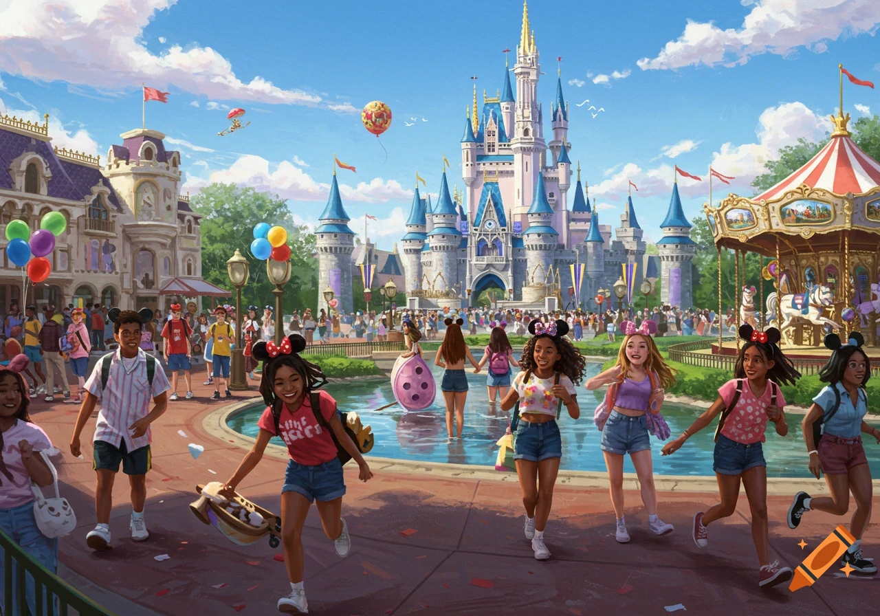 A giant Mulan stands over a Disneyland castle as Mickey Mouse and a ...