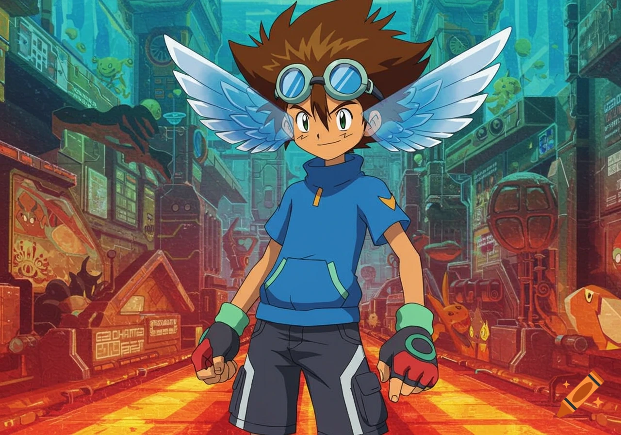 An anime boy with spiky brown hair, goggles, and white wings on his ...