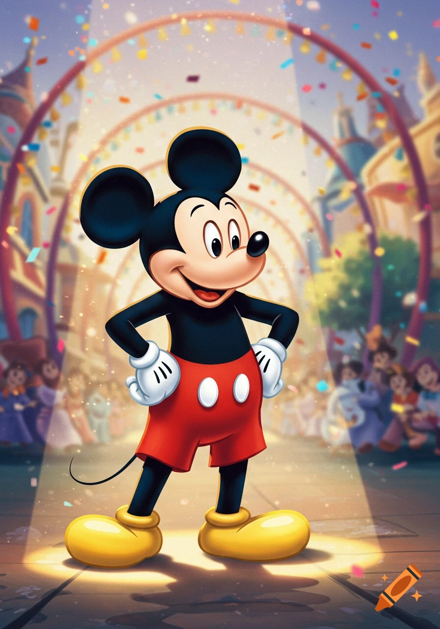 Mickey Mouse smiling, standing with hands behind his back on a ...