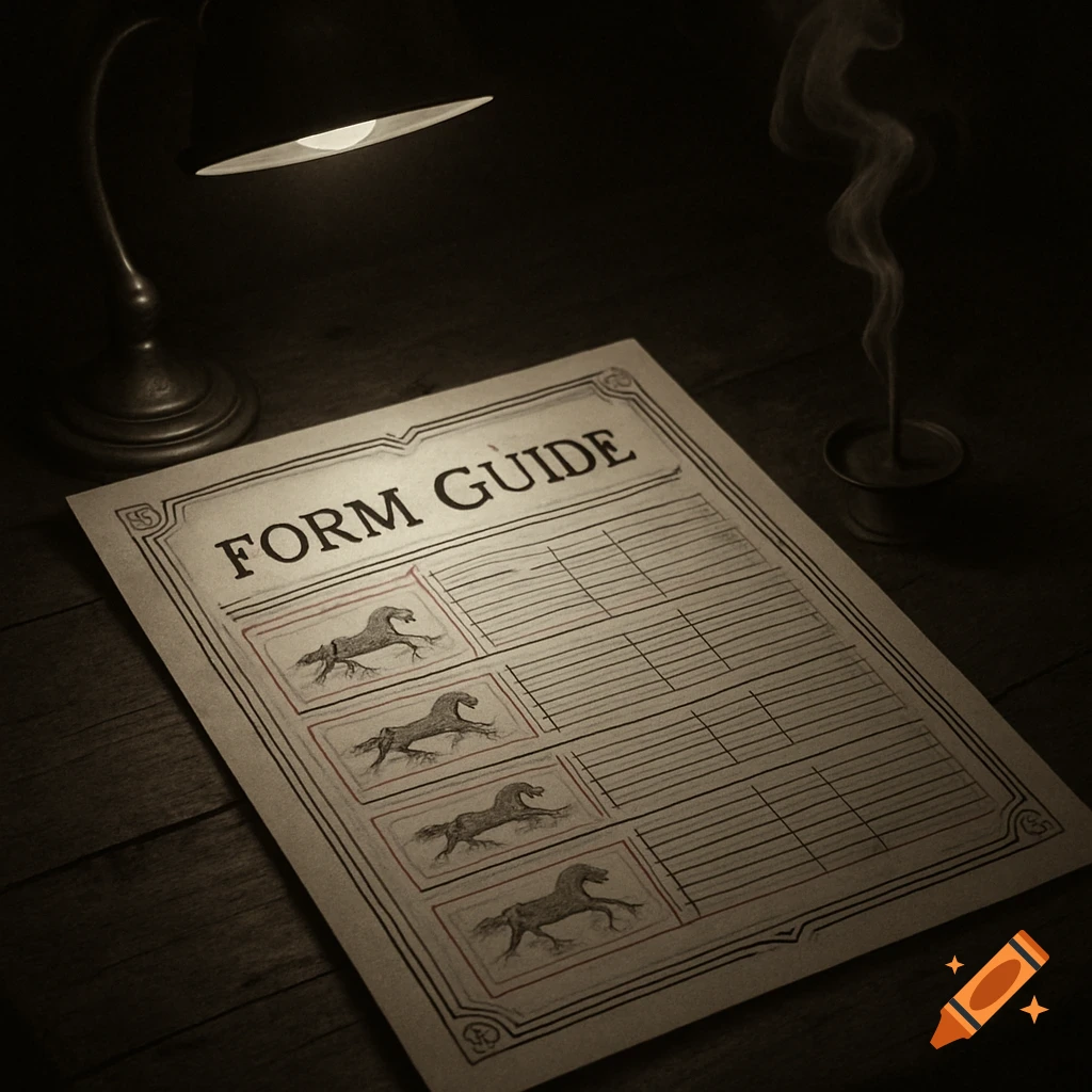 A vintage-style 'FORM GUIDE' document on a dark wooden desk, lit by a ...
