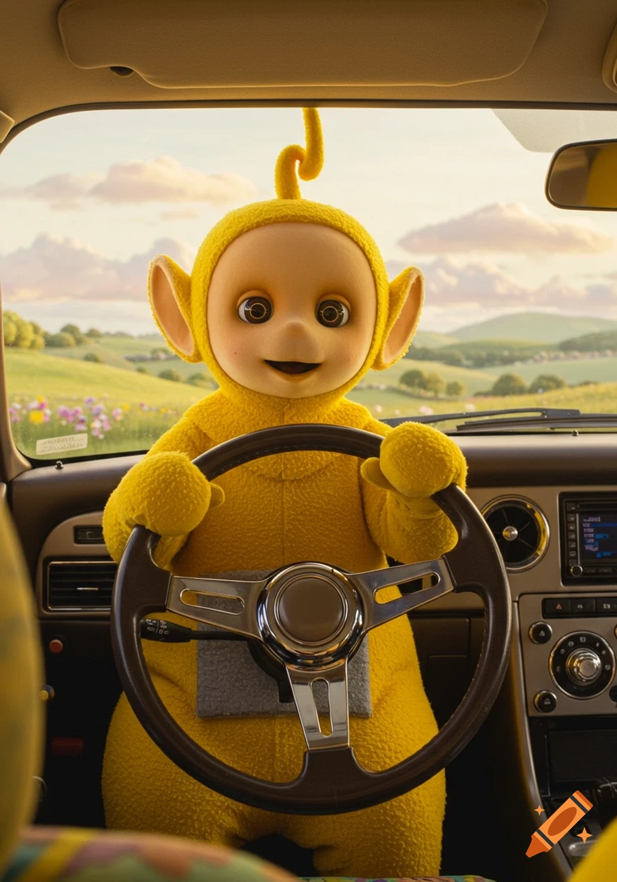 Photorealistic image of the yellow Teletubby, Laa-Laa, driving a car ...