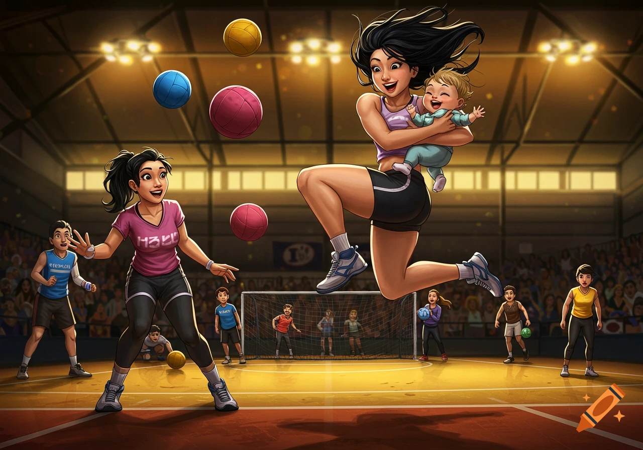Cartoon illustration of women and children playing dodgeball in a ...