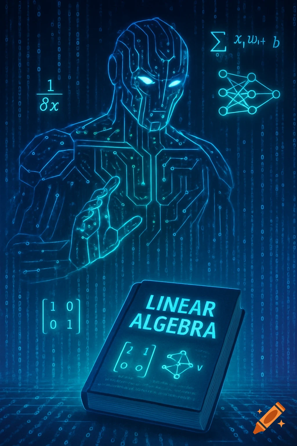 A glowing blue circuit-patterned humanoid figure stands over a book ...