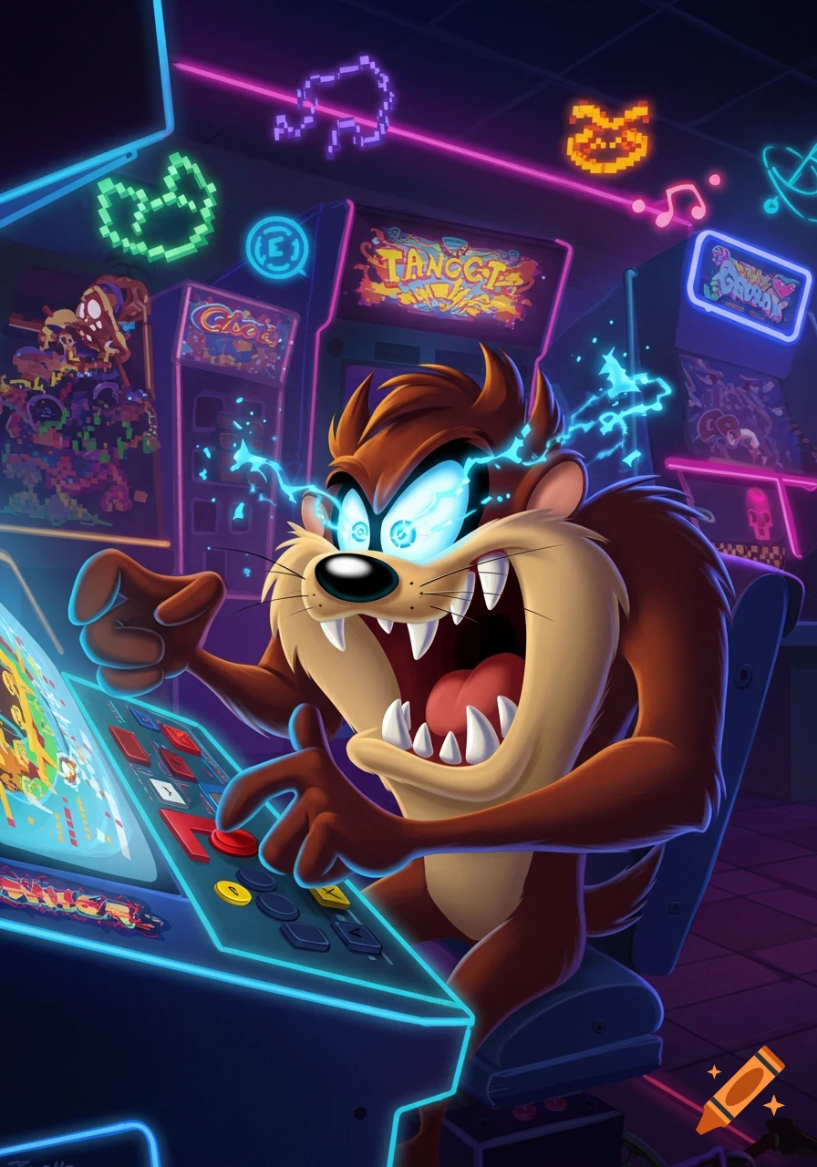 Cartoon Tasmanian Devil character Taz enthusiastically plays a retro ...