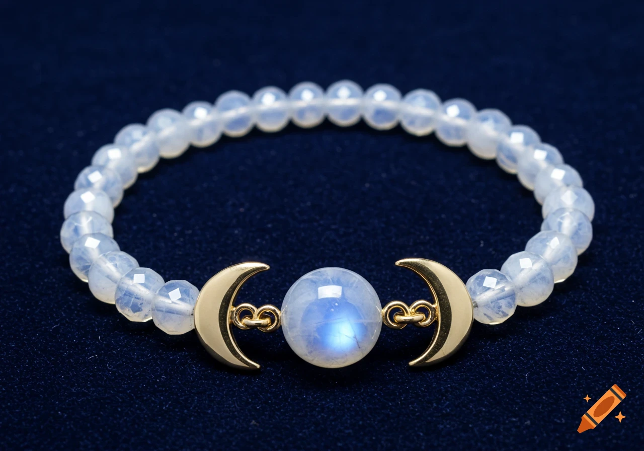 A close-up of a faceted moonstone crystal bracelet featuring a large ...