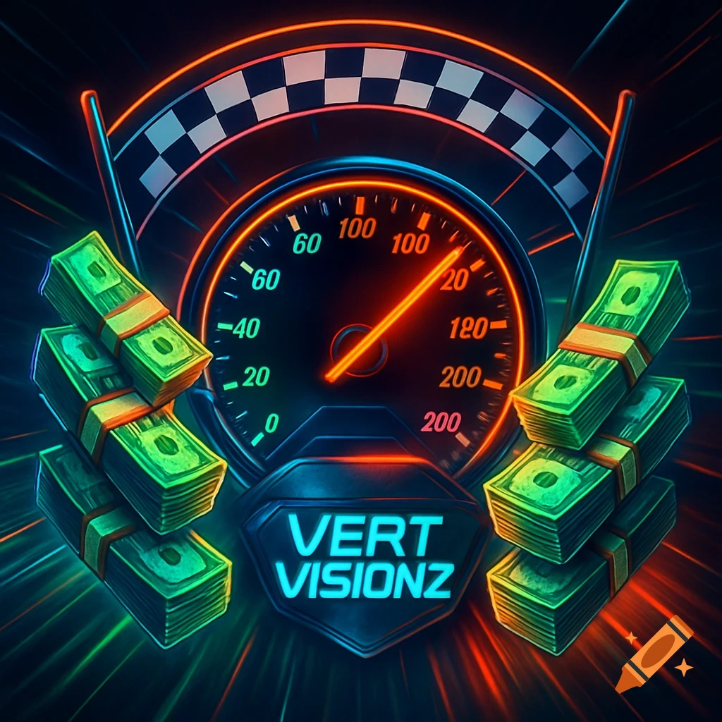 A neon-lit speedometer with a racing checkered flag above, flanked by ...