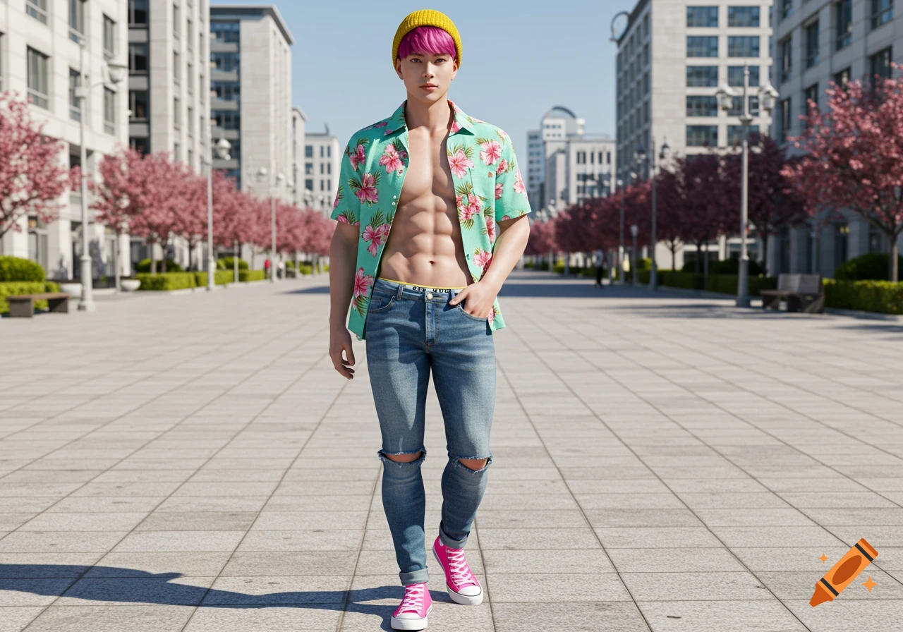 A hyperrealistic photo of a young man with pink hair and a yellow ...