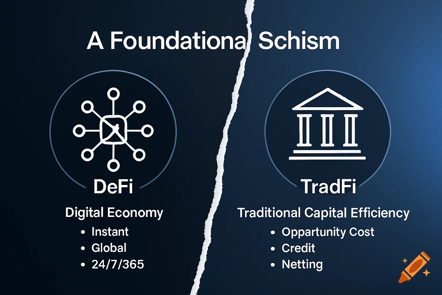 A comparison infographic titled "A Foundational Schism" between DeFi ...