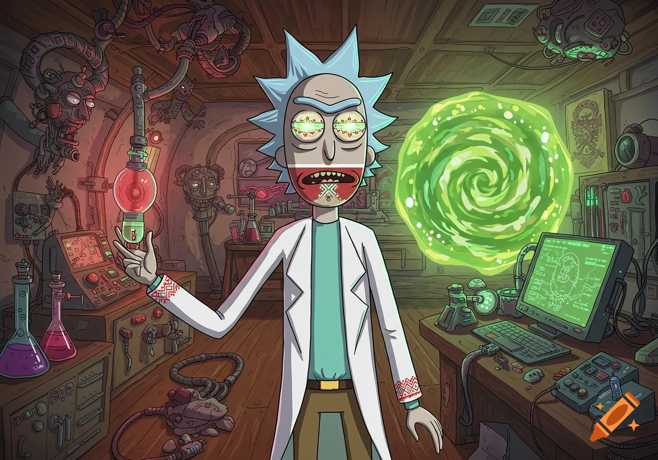 Rick Sanchez, stylized with Latvian flag elements, in his cartoon ...