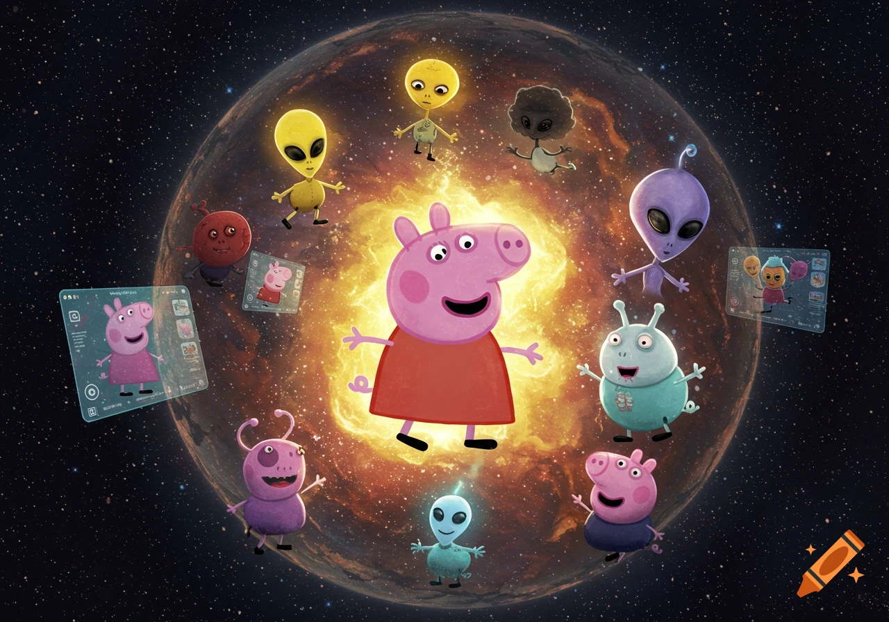 Peppa Pig holding a futuristic device emitting colorful laser beams in ...