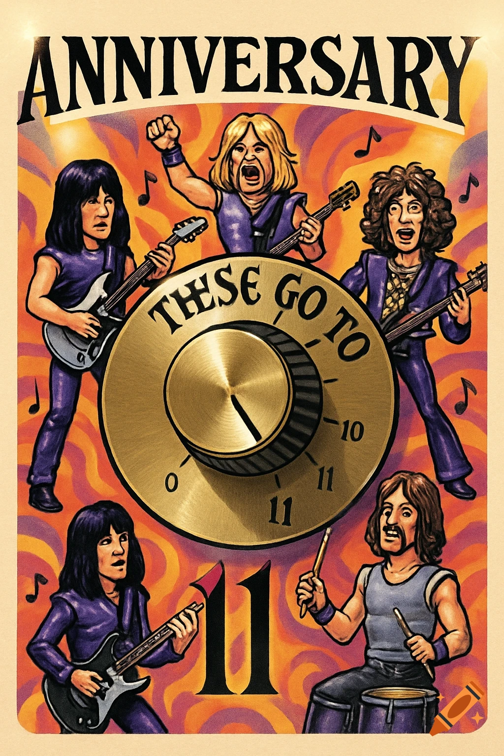 Cartoon illustration of five rock musicians surrounding a large ...