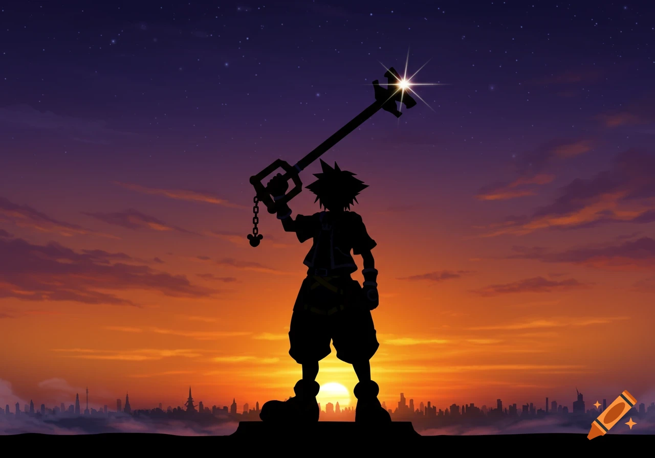 Silhouette of Sora from Kingdom Hearts holding a Keyblade against a ...
