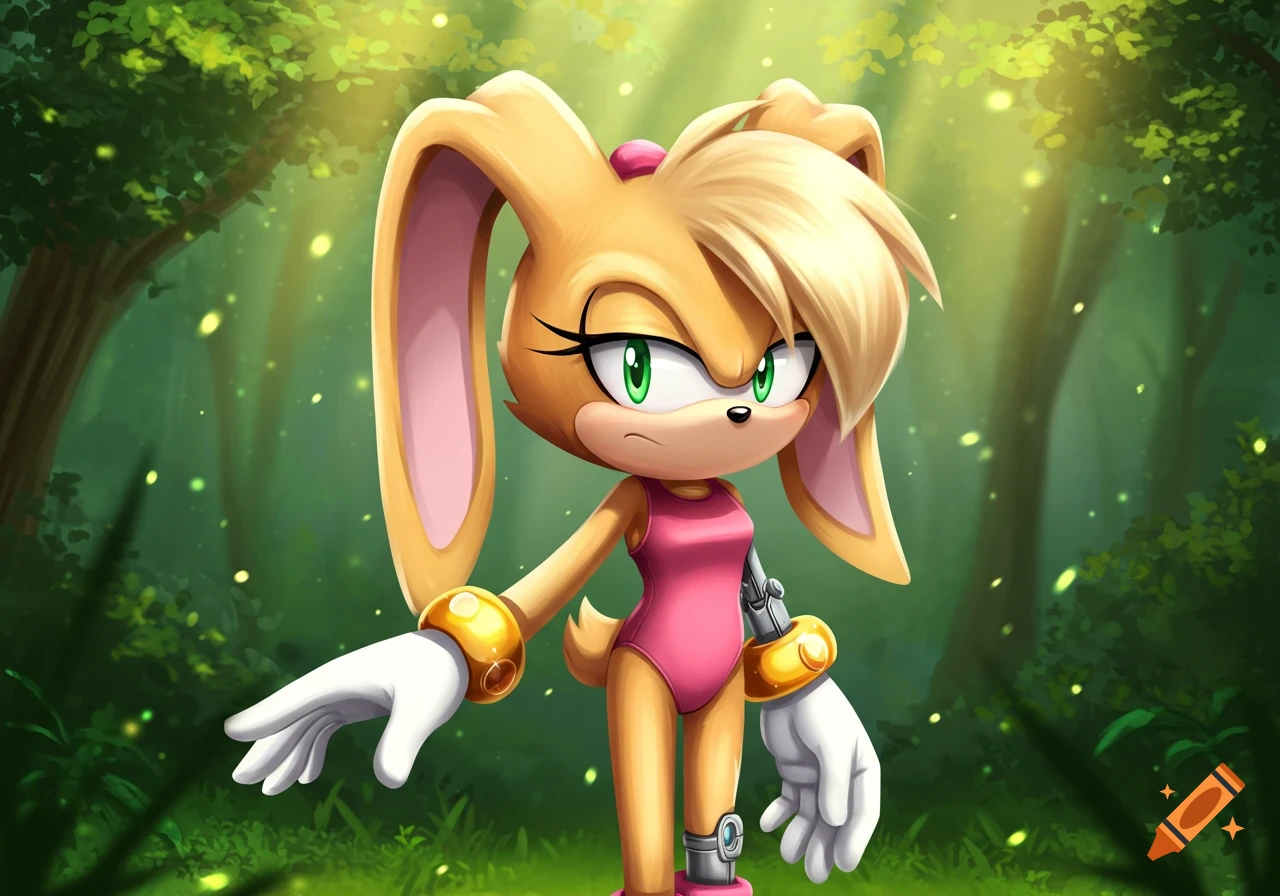 A cartoon rabbit character, Bunnie Rabbot, with blond hair, green eyes ...